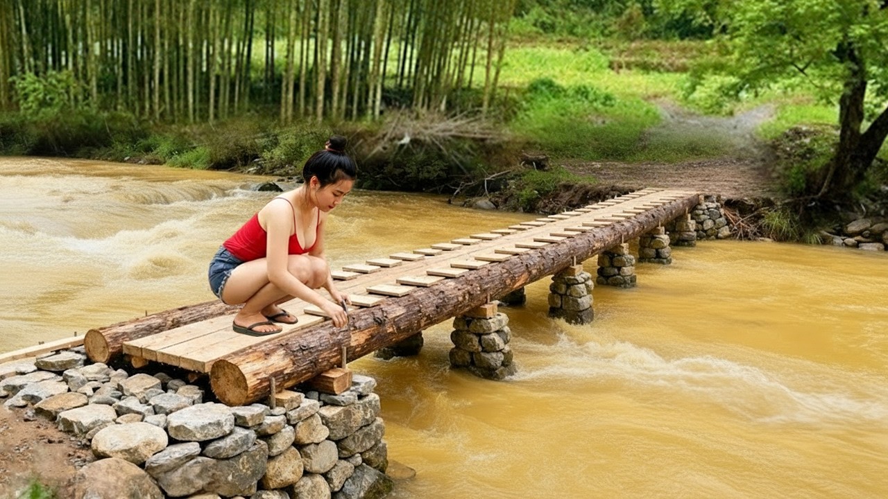 TIMELAPSE: Young Woman Destroys Bamboo Bridge & Builds Flood-Proof ...
