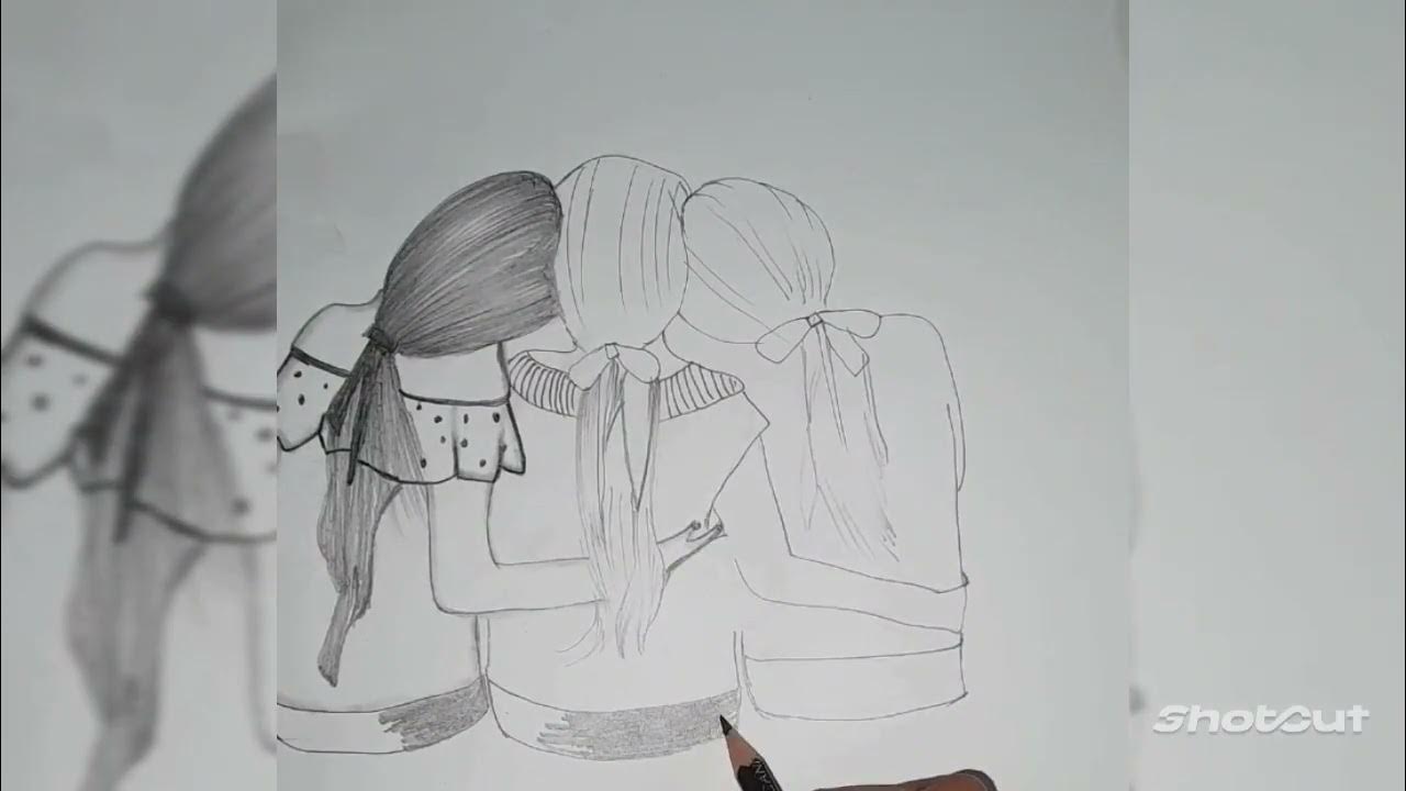 Best Friends Pencil Sketch Tutorial ||How to draw three Friends Hugging each other ...