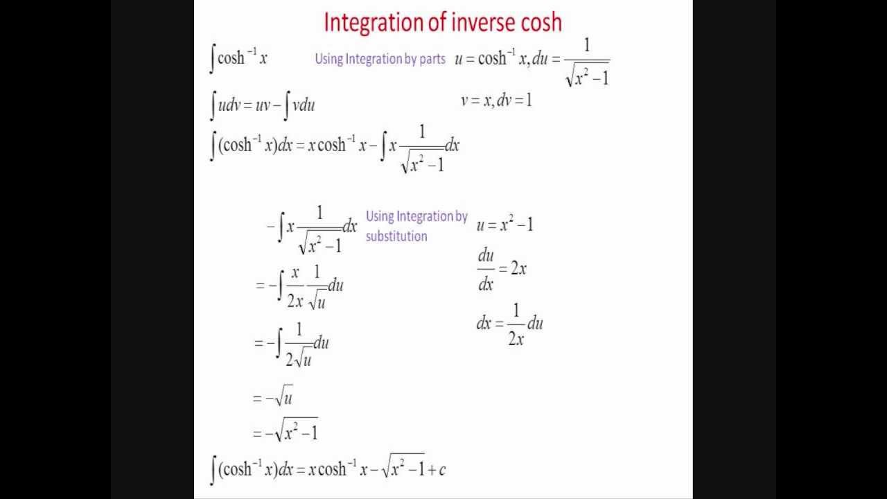 Integration of Inverse cosh (cosh^-1(x)) - YouTube