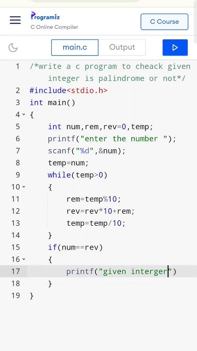 check given integer is palindrome or not in c language - YouTube