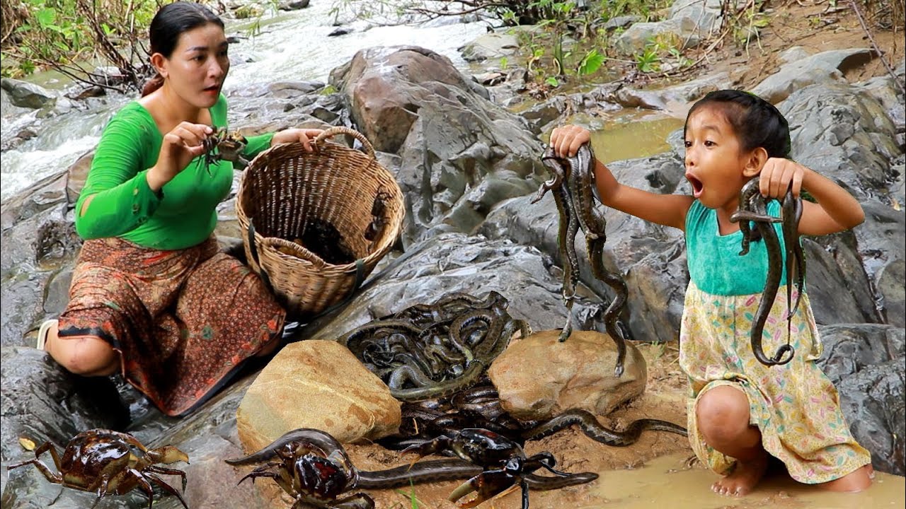 Catch many snake and crabs for survival- Cooking snake with spice ...