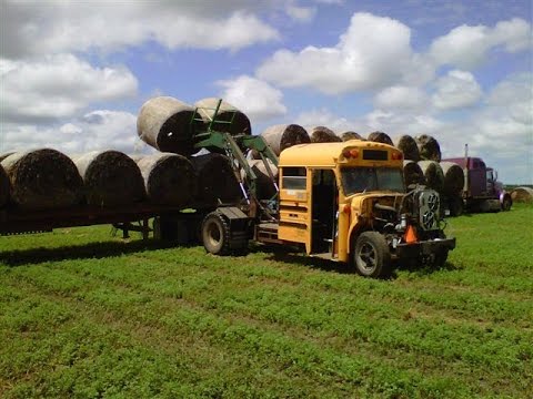 School Bus Turned into Hay Bale Loader on South Dakota Farm - YouTube