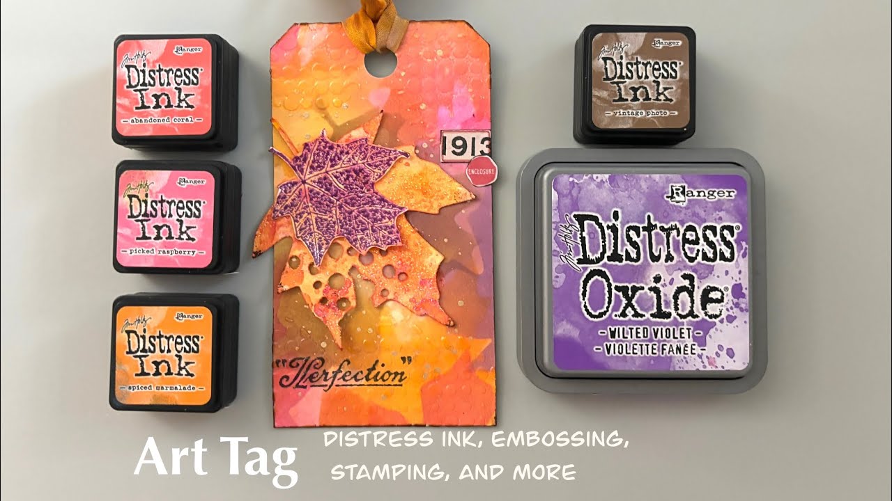 Art tag using distress inks, embossing, texture paste, and stamping ...