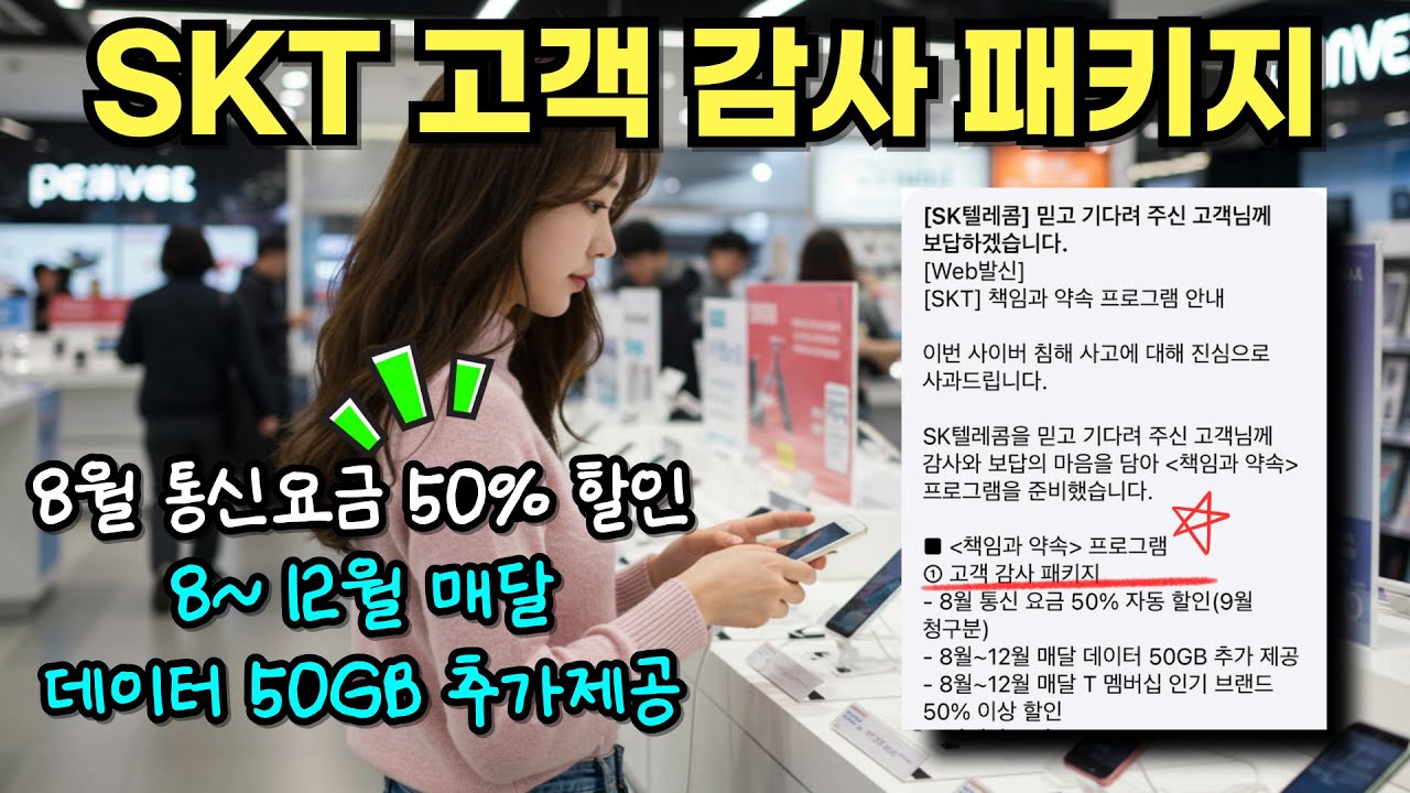 SKT 고객 감사 패키지 간단요약! 8월 통신요금 50%, 5개월간 매달 데이터 50GB 추가 제공통신요금할인 - YouTube