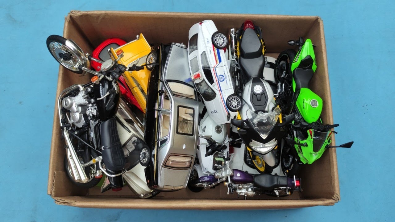 Box Full of Diecast Model Cars & Bikes 1/12 Scale, Kawasaki Ninja, BMW ...