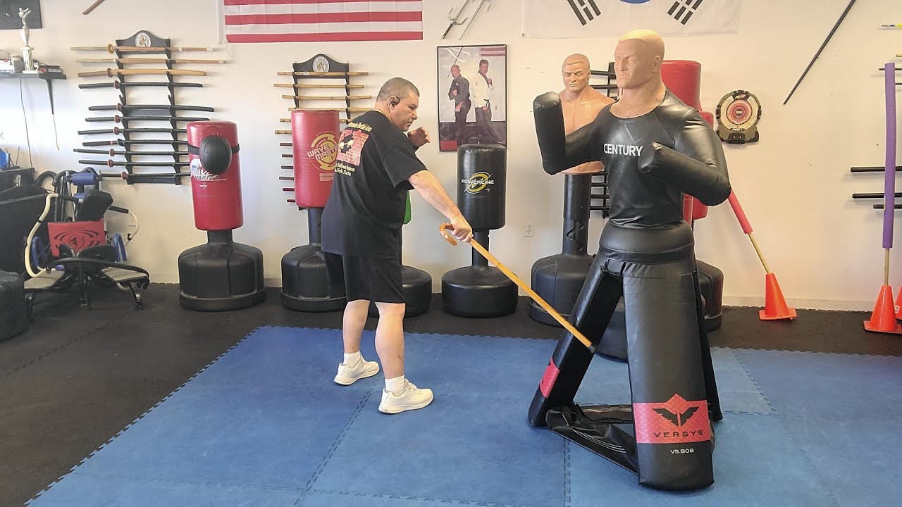 Cane Self Defense with moving and striking to the knees. - YouTube