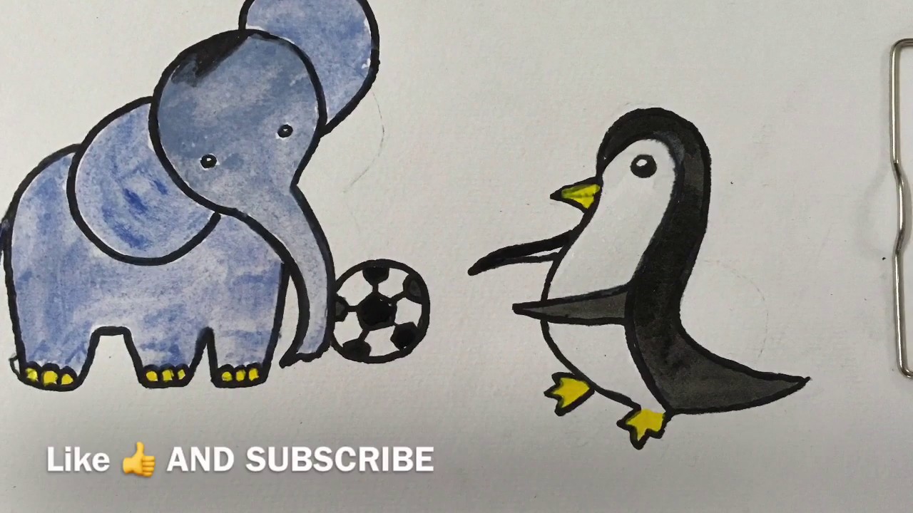 How to draw cute elephant and baby penguin playing football పిల్లలు ...