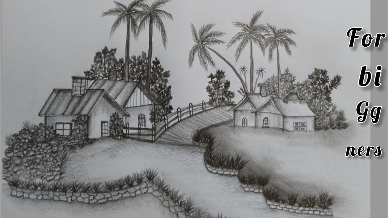 Scenery drawing by pencil village draw 7b pencil ️. How to draw village ...