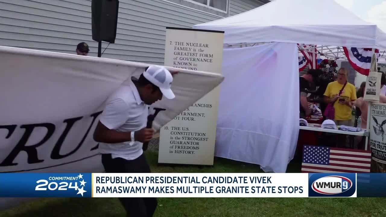Sign falls on GOP presidential candidate Vivek Ramaswamy during speech ...
