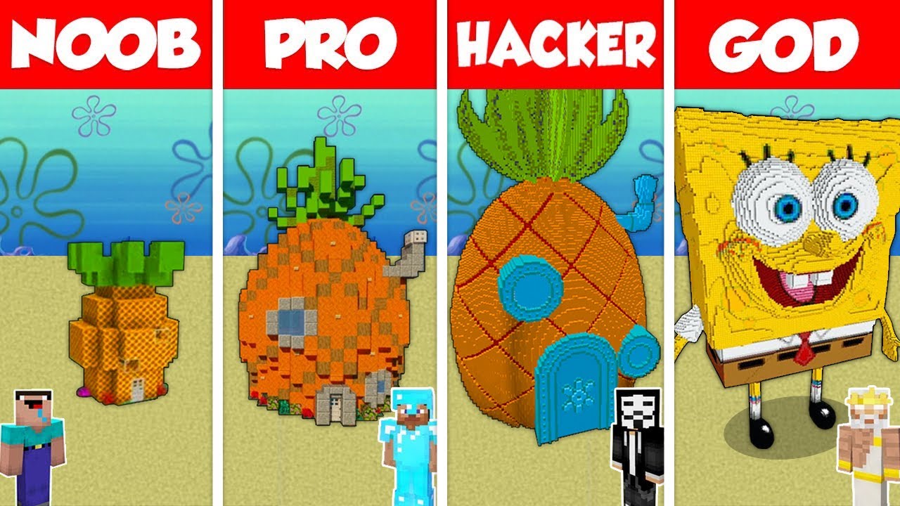 Minecraft Battle: NOOB vs PRO vs HACKER vs GOD: SPONGEBOB BASE HOUSE ...