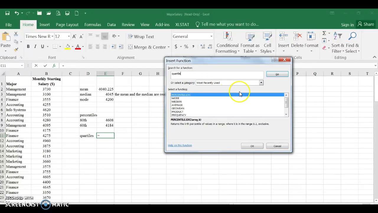 Excel Percentiles And Quartiles Youtube 3960