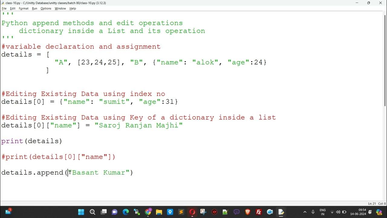 Python dictionary inside a list variable and its operation edit append - YouTube