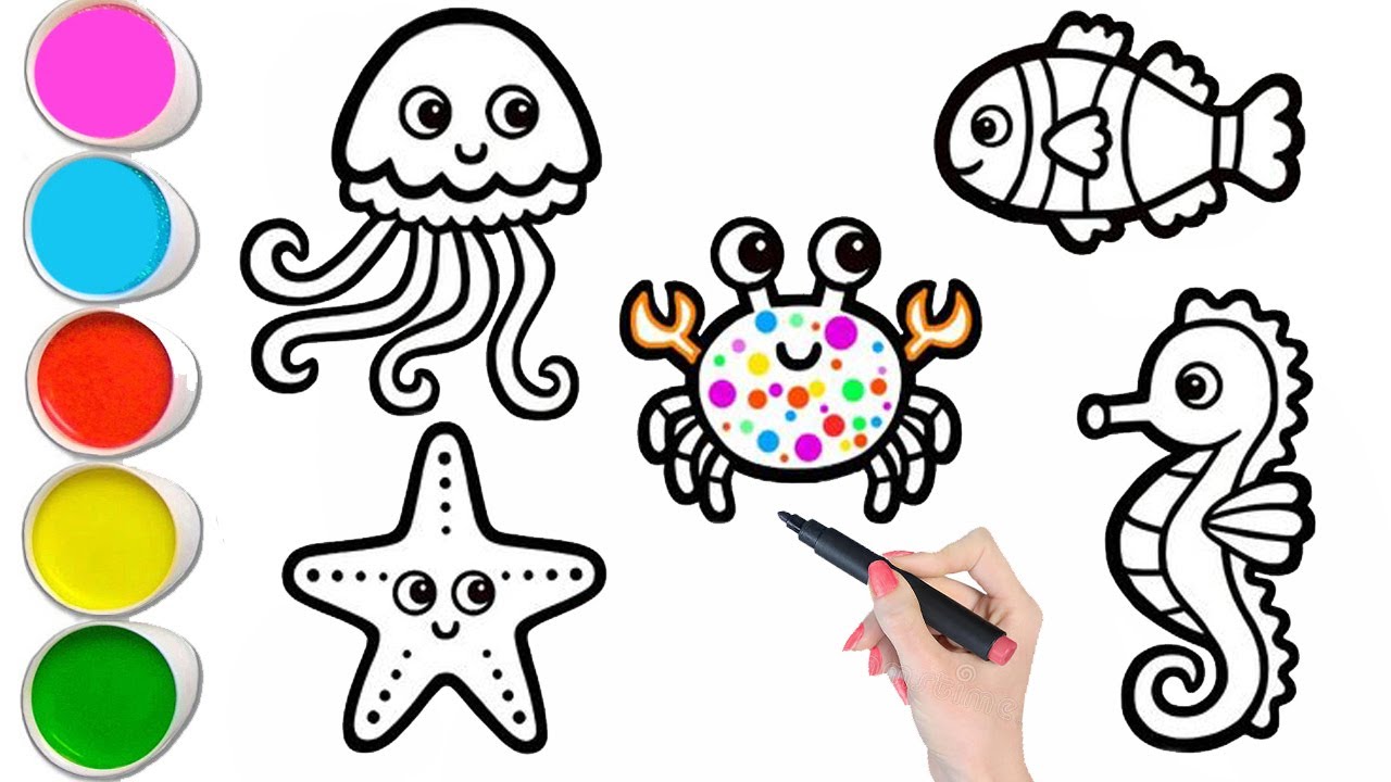 Sea Animals Drawing || How to Draw Sea Animals || Drawing coloring and ...
