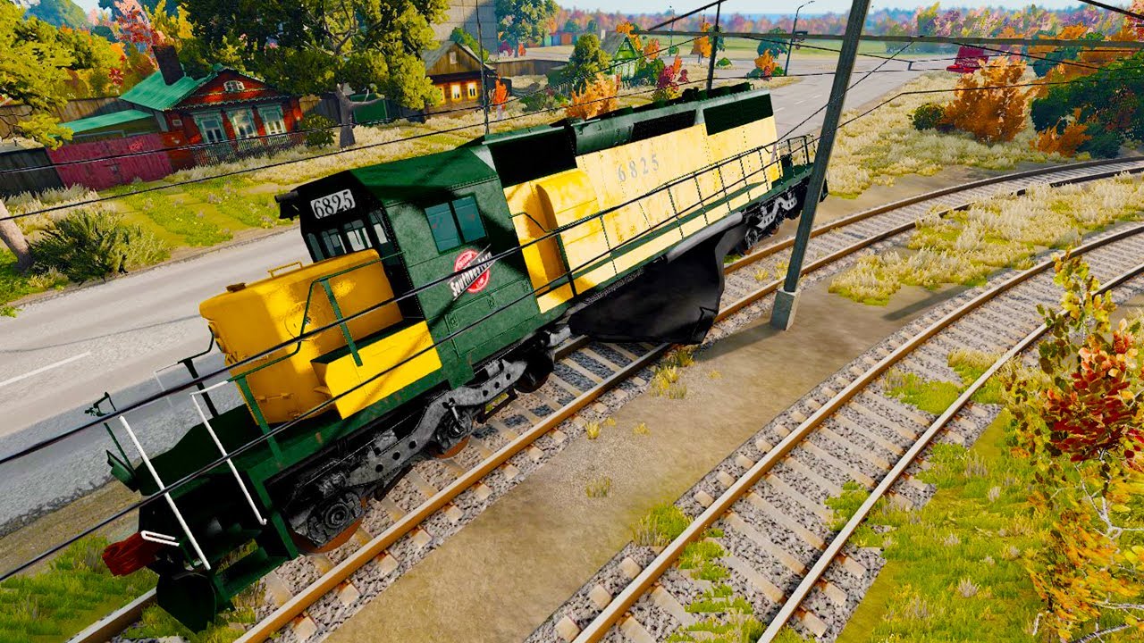Obstacle on the train road Beamng train derailed - BeamNG.drive - YouTube
