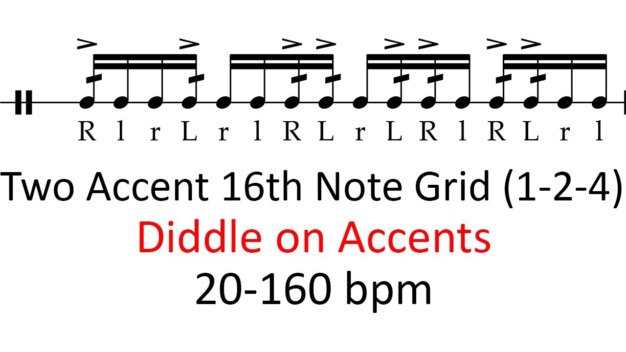 Diddle on accents (2 accents, 1-2-4) | 20-160 bpm 16th note grid sheet music - YouTube