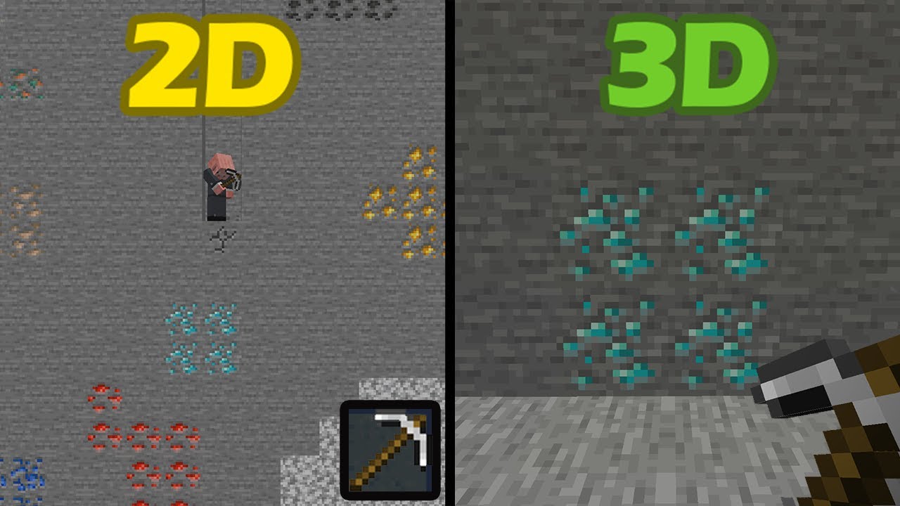 mining diamonds in minecraft 2D vs 3D - YouTube