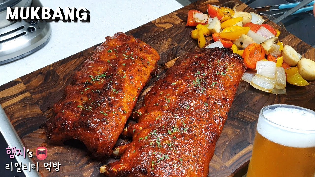 Real Mukbang:) BBQ Pork Back Bone Ribs (ft. Beer) ★ Korean Style Chilli ...