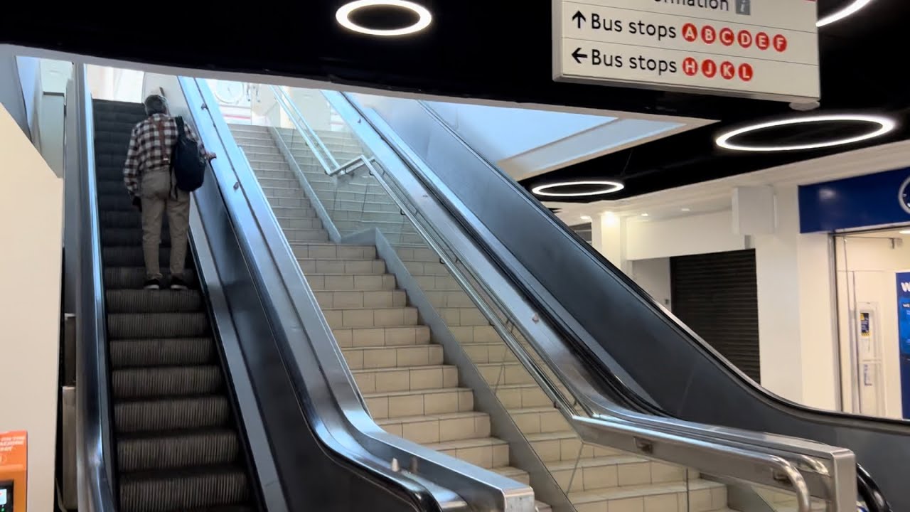 London, England. 2x KONE Escalator ride at Hammersmith Broadway Bus ...