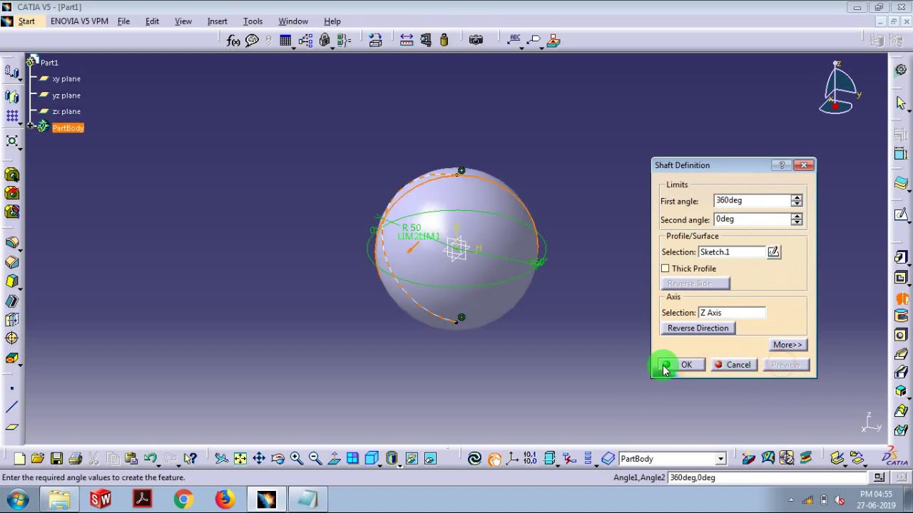 CATIA Taking plane on Cone, Sphere, curved surface, 45 degree - YouTube