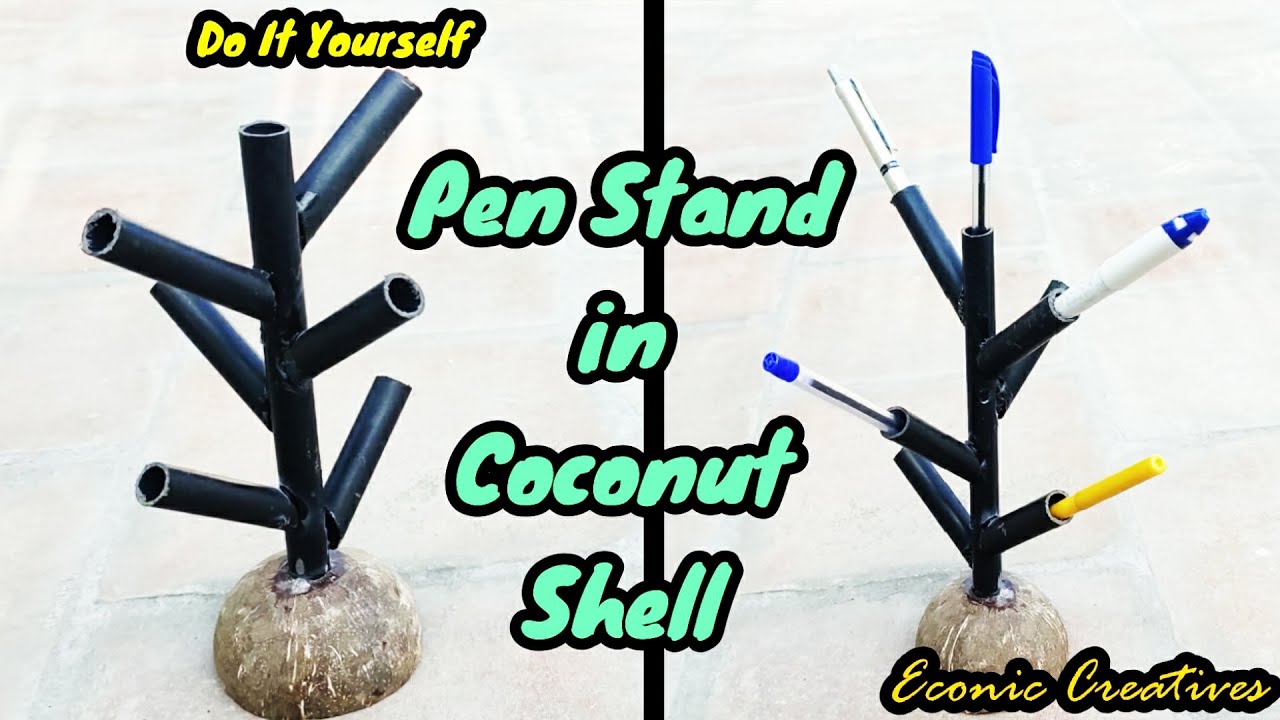 Pen Stand in Coconut Shell using Non-Woven Handbag Stick | Coconut ...