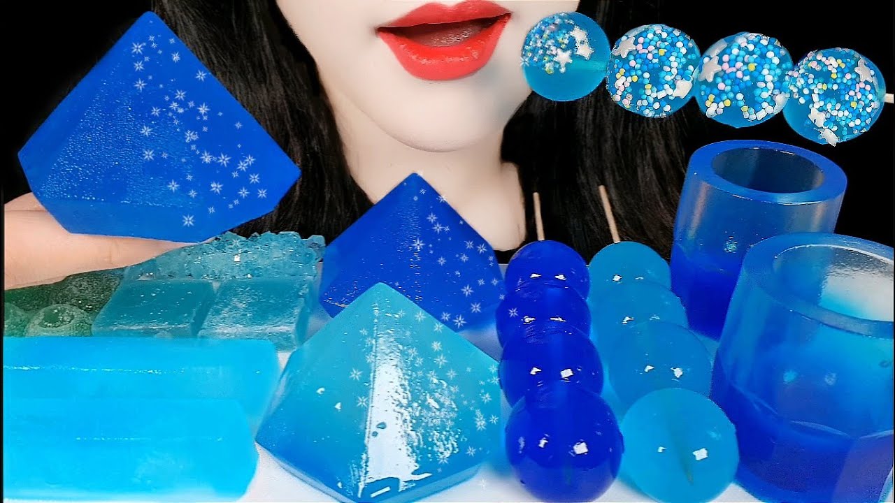 ASMR BLUE FOOD MUKBANG 파란색 디저트 먹방 EDIBLE JELLY CUPS, DIAMOND JELLY ...