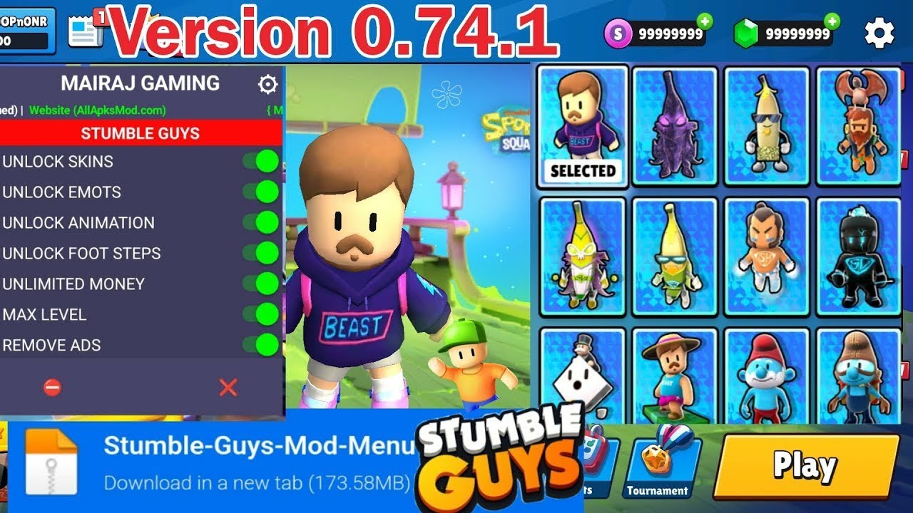 New Mod Menu Stumble Guys v0.74.1 Update ,all skins, emotes ...