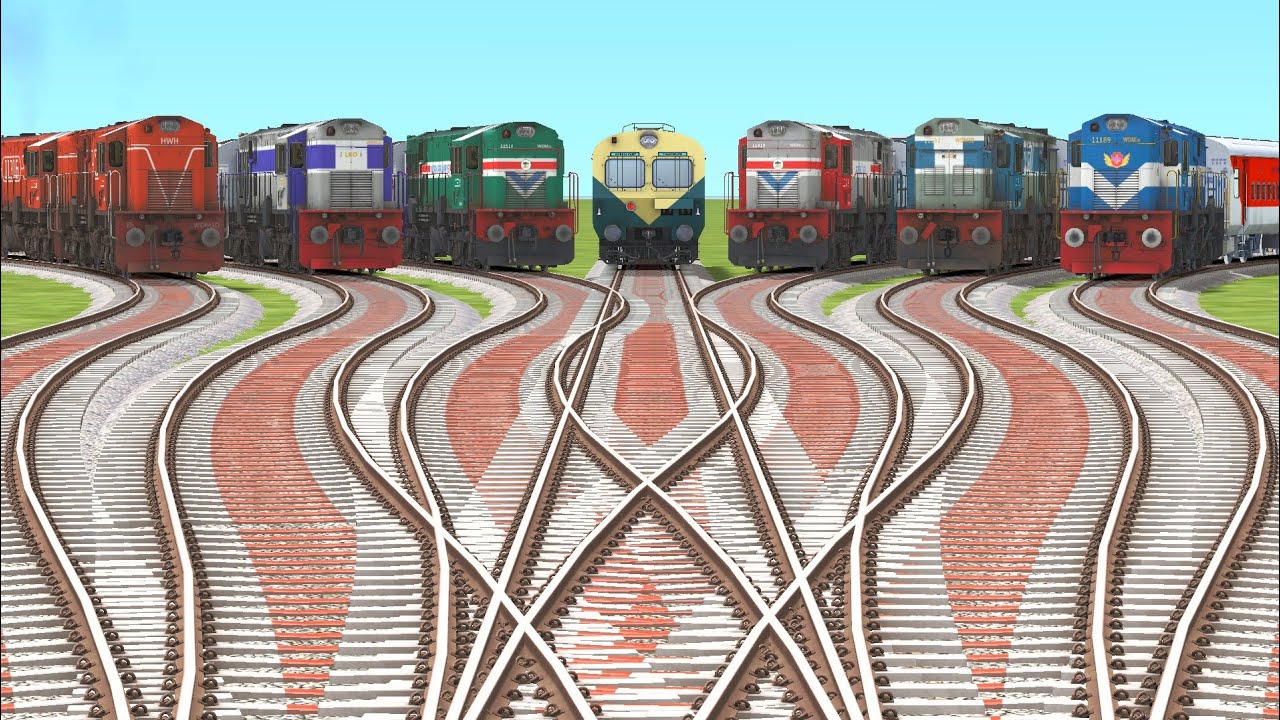 7 TRAIN CROSSING ON SNAKE SHAPE RAILROAD | Bumpy Curved Rail Line ...
