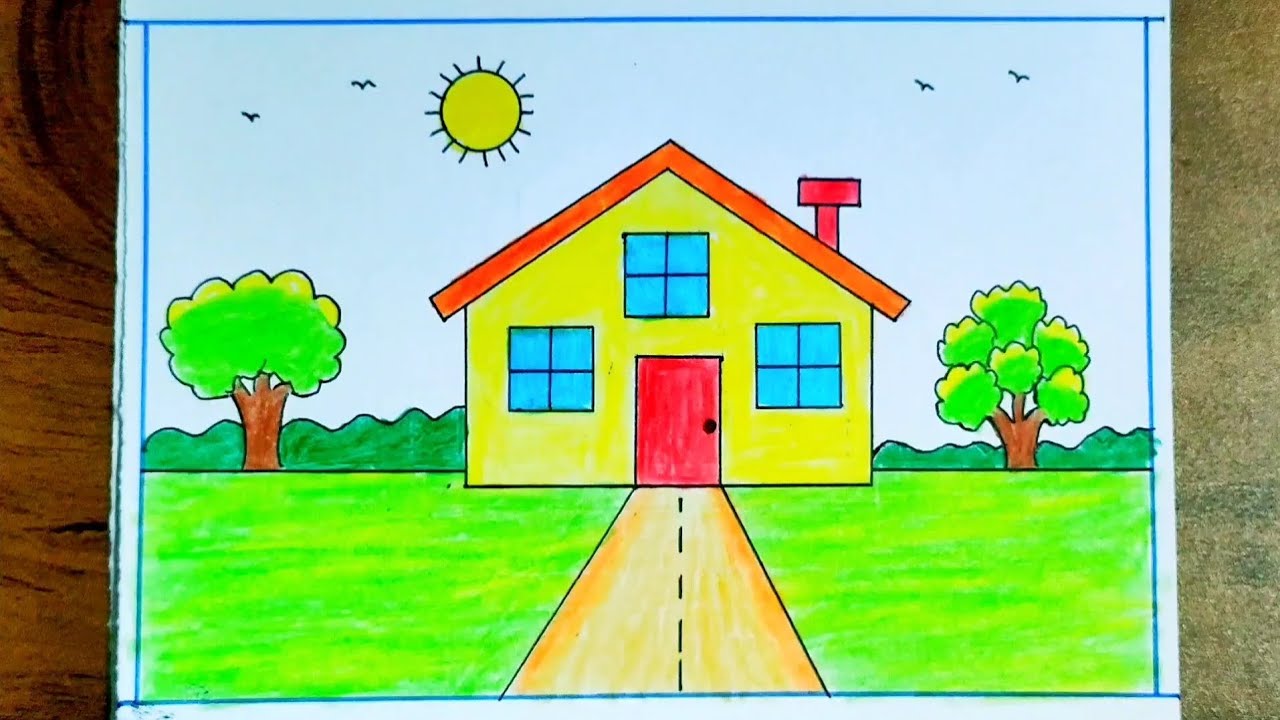 Easy house drawing, how to draw a house scenery step by step, - YouTube