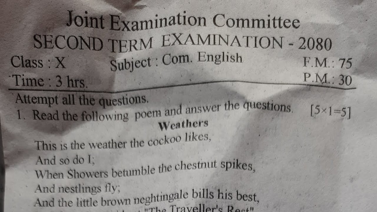 Latest English Question for SEE,2nd Terminal Exam 2080, JEC,Bhaktapur ...