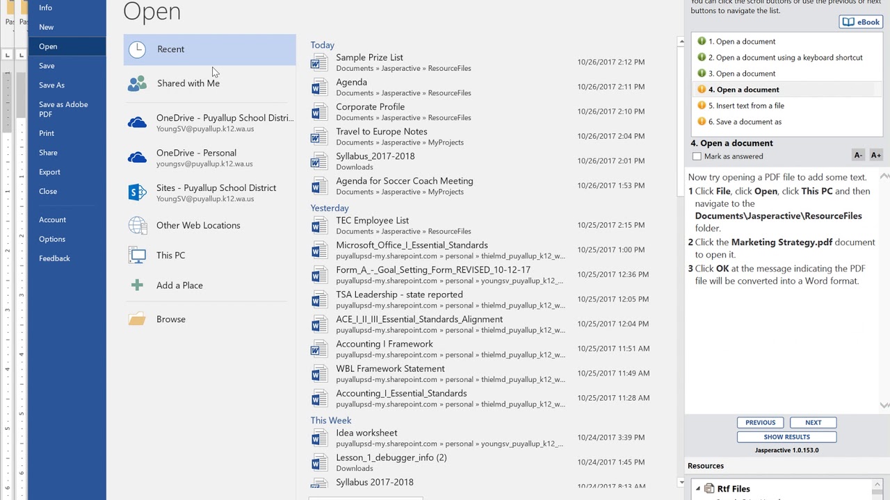 JasperActive Word 2016 Core Lesson 1:Learn 5 Opening a Document - YouTube
