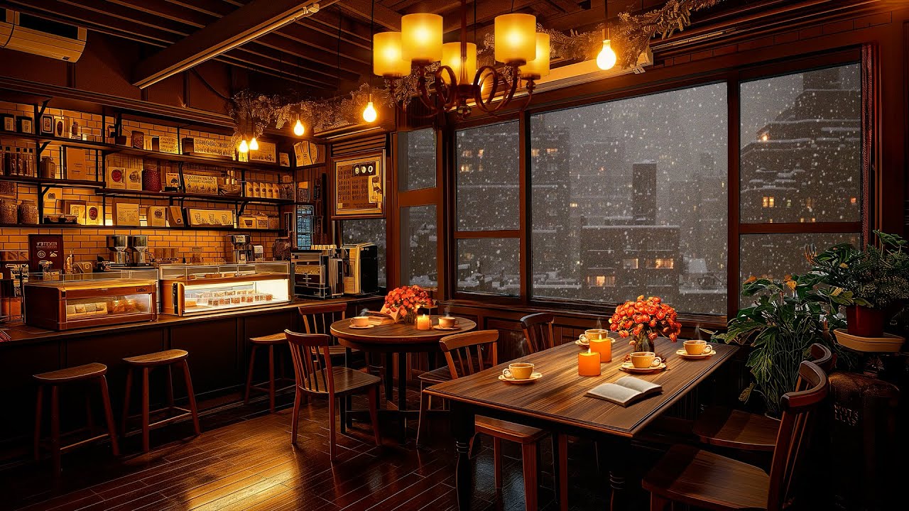 Snowy Night & Relaxing Jazz Music in Cozy Coffee Shop - Smooth Piano ...