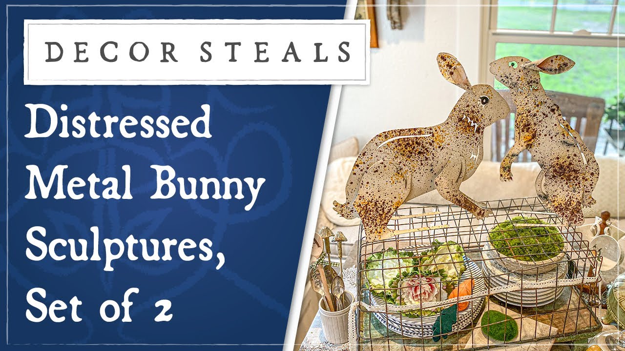 Decor Steals' Distressed Metal Bunny Sculptures, Set of 2 - YouTube