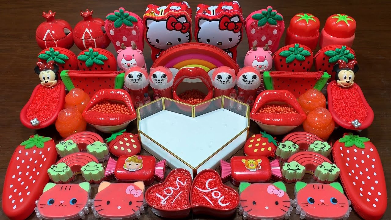 Red Slime! Hello Kitty! Mixing Random Things into Glossy Slime !!! Best ...