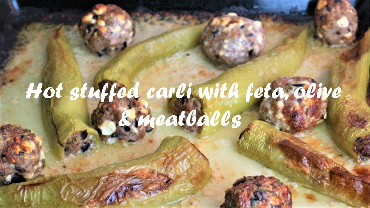 Hot stuffed carli paprika with feta, olive & meatballs recipe - YouTube
