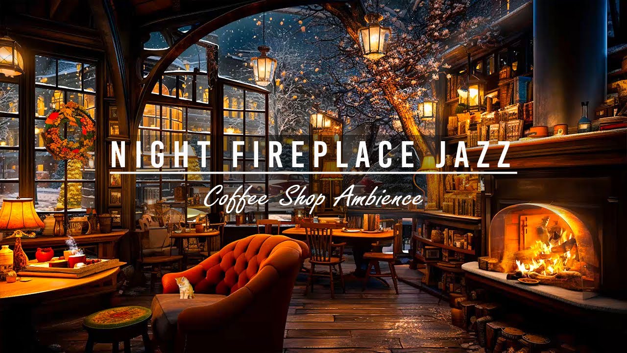 Night Fireplace Sounds & Warm Jazz Music in Cozy Cafe Ambience 🔥 Smooth ...