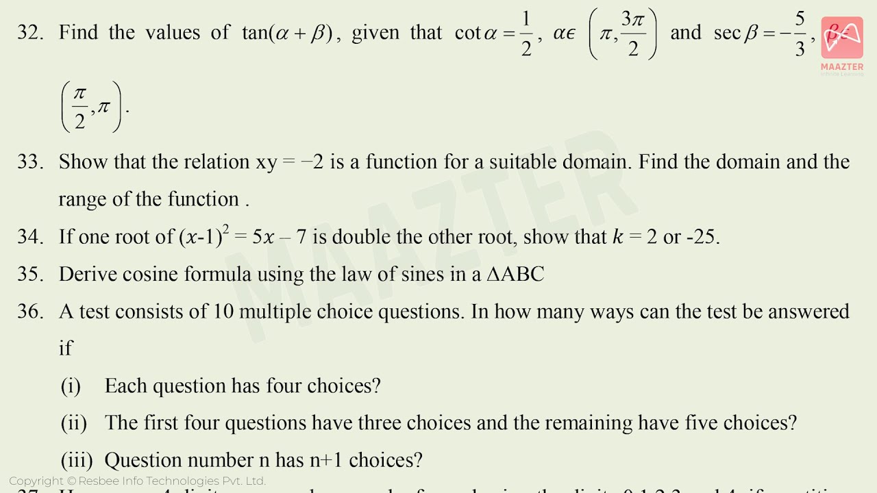 11th Std Mathematics | Quarterly Exam Model question paper 2024 ...