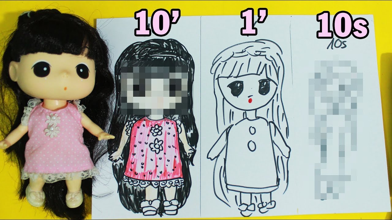 Thử thách vẽ búp bê chibi trong 10 phút, 1 phút và 10 giây | Pinky ...