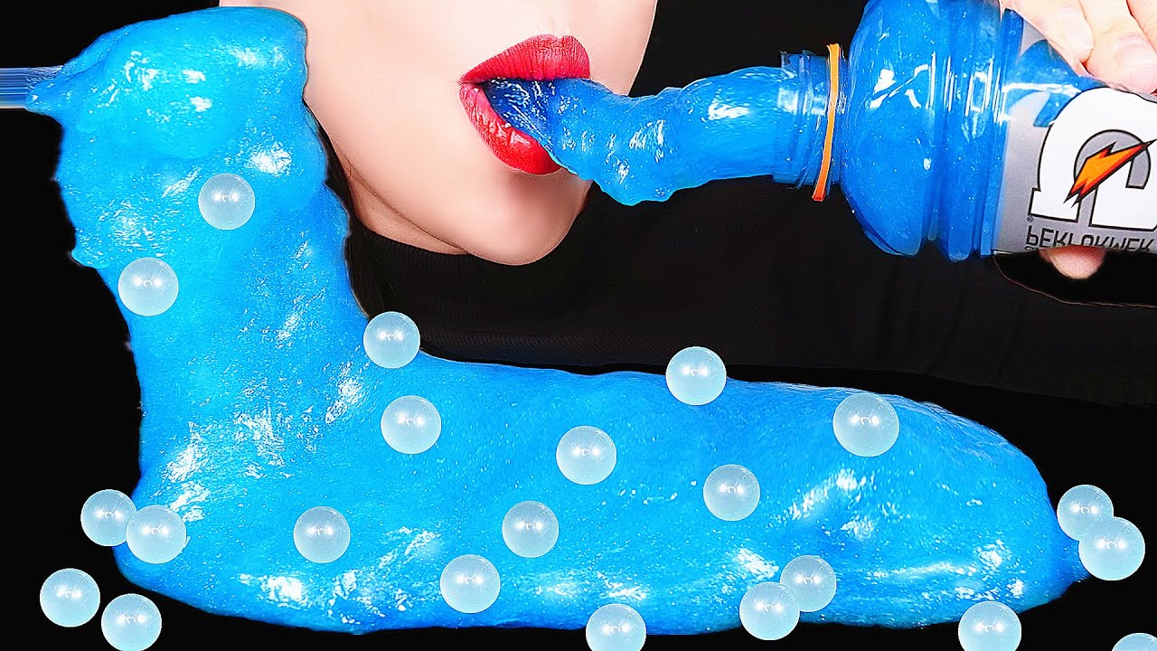 ASMR EDIBLE SLIME, GATORADE SLIME MIXING, POPPING BOBA, BLUE FOOD SLIMY ...