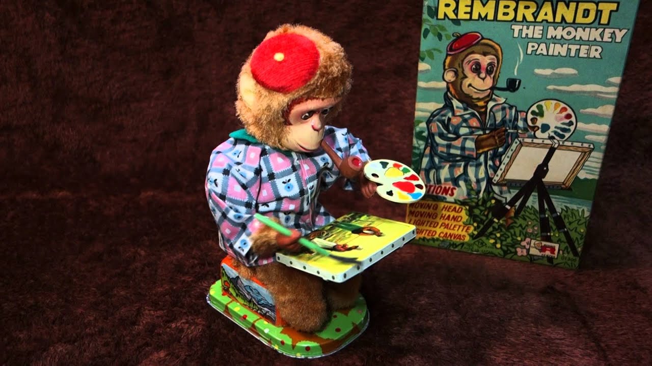 50s Nomura Rembrandt The Monkey Painter Battery Operated Tin Toy Artist - YouTube