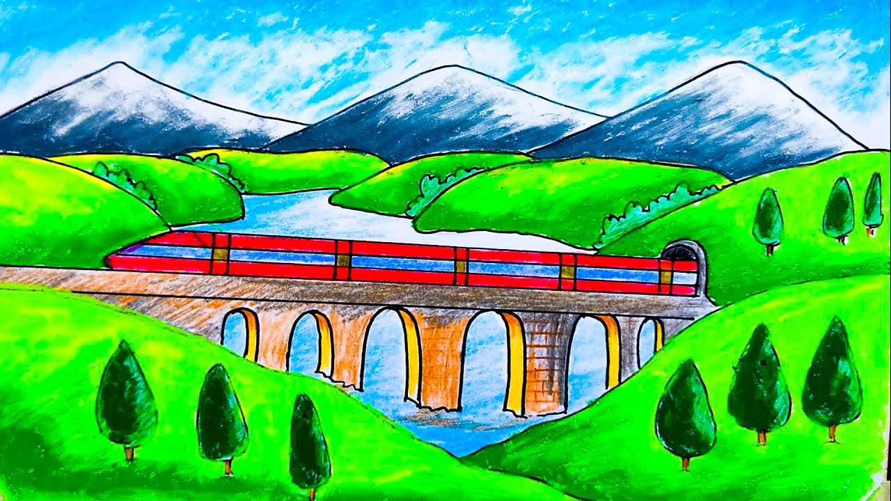 Metro Rail Scenery Drawing | Train Drawing Scenery | Mountain Hill ...