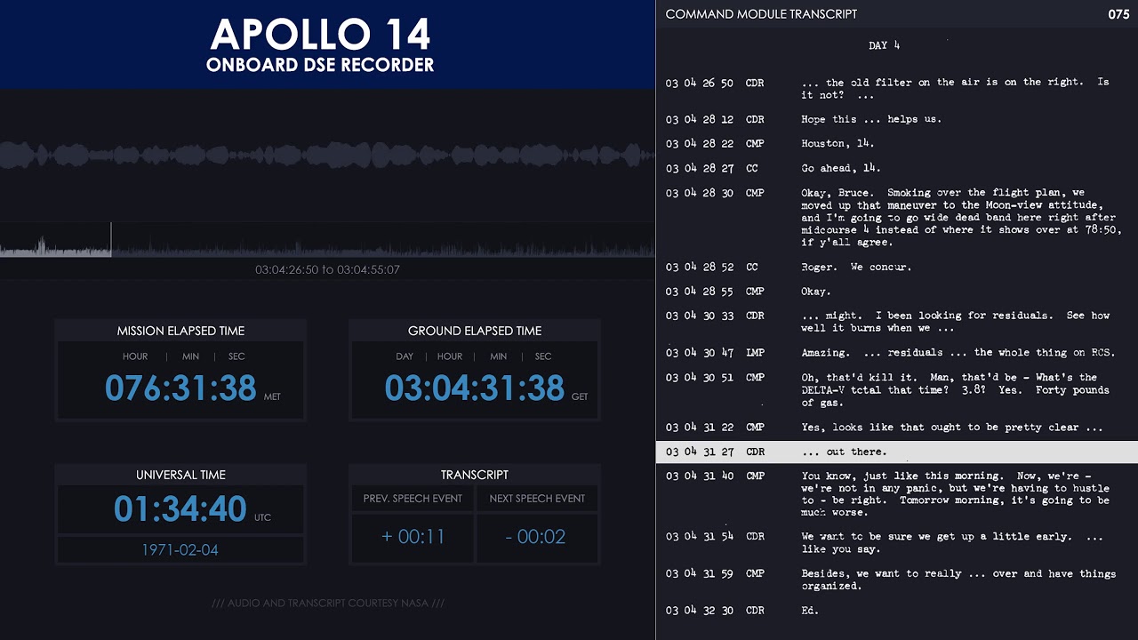 Apollo 14 Onboard Audio - Day 2 & 4, Midcourse Corrections + LOI - YouTube