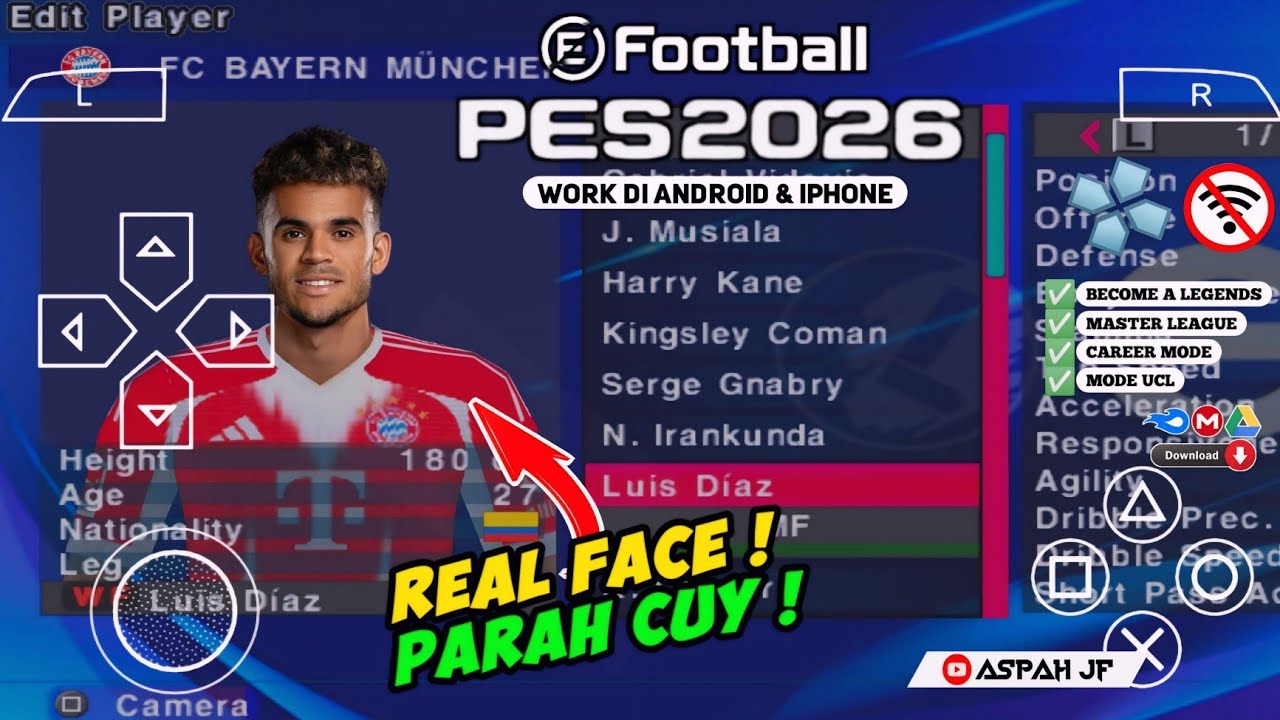 EFOOTBALL PES 2026 PPSSPP ISO NO TEXTURES & NO SAVE DATA NEW KITS 2025/ ...