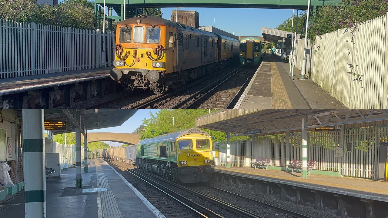 A pair of class 73s and a freight train passing durrington on sea ...