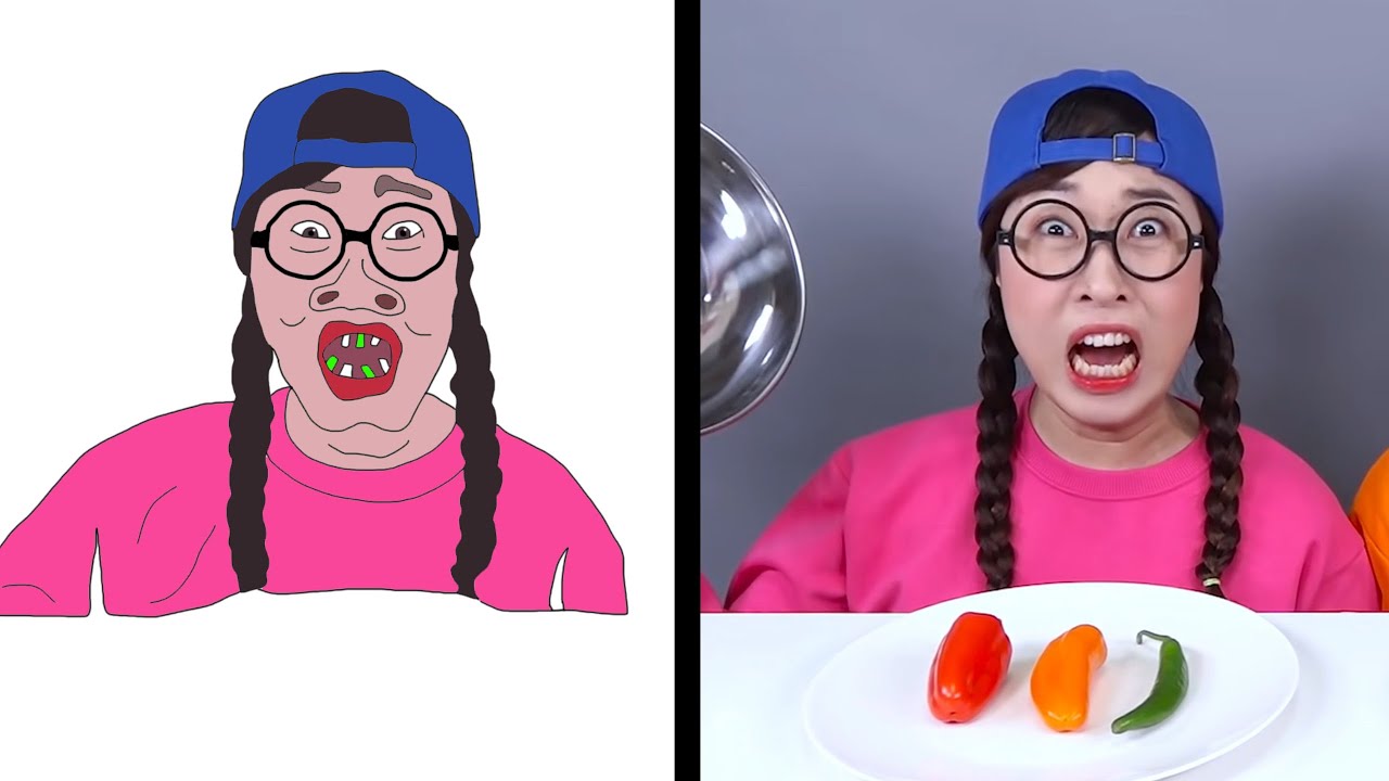 REAL FOOD VS JELLY CHOCOLATE FOOD CHALLENGE DONA Drawing Meme - YouTube