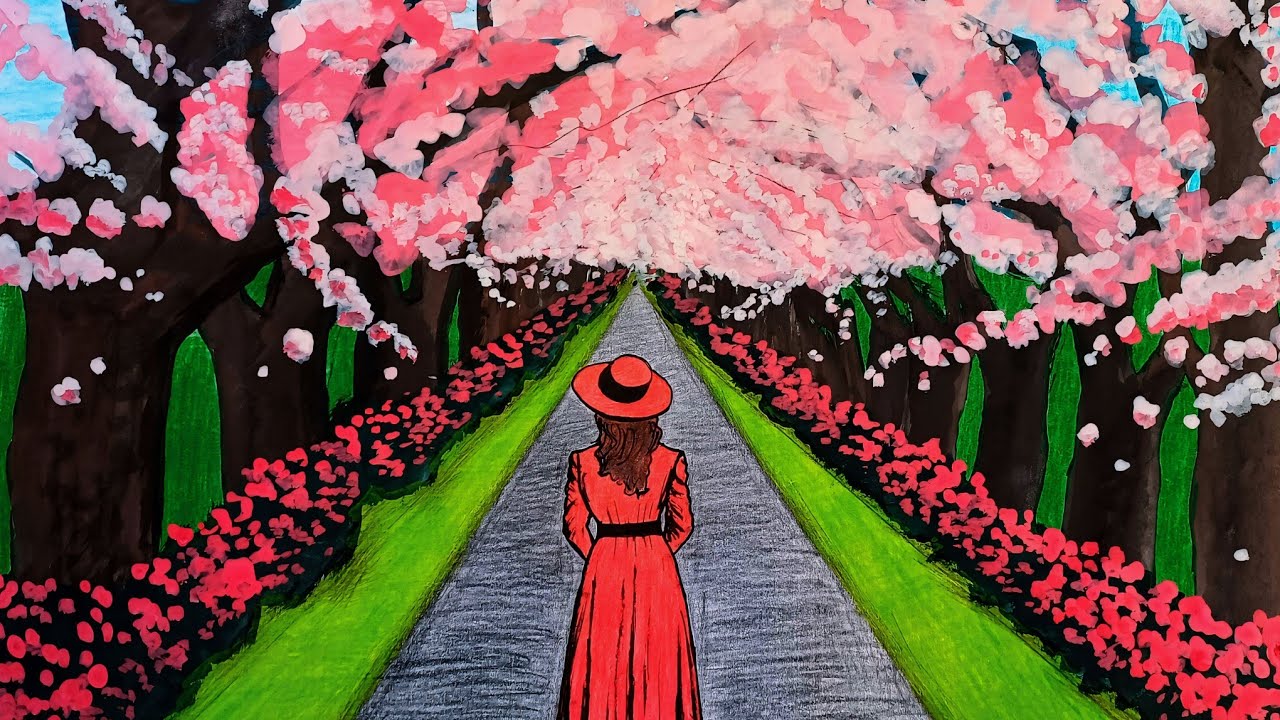 SPRING LANDSCAPE Drawing Step by st (4k) / BAHOR manzarasini chizish ...