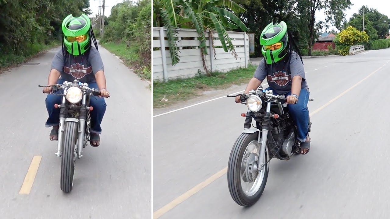 Motorcycle Rider Wears Bright Green Predator Helmet - YouTube