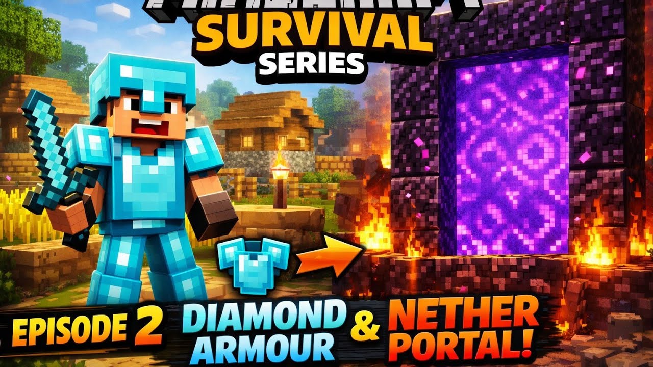 I make a diamond armour and nether portal in minecraft survival series ...