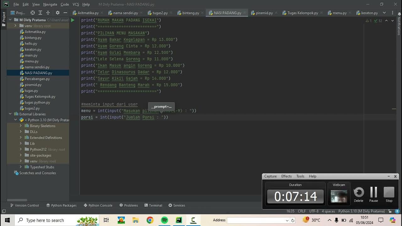 CODINGAN MENU NASI PADANG MENGGUNAKAN CODE PYTHON - YouTube
