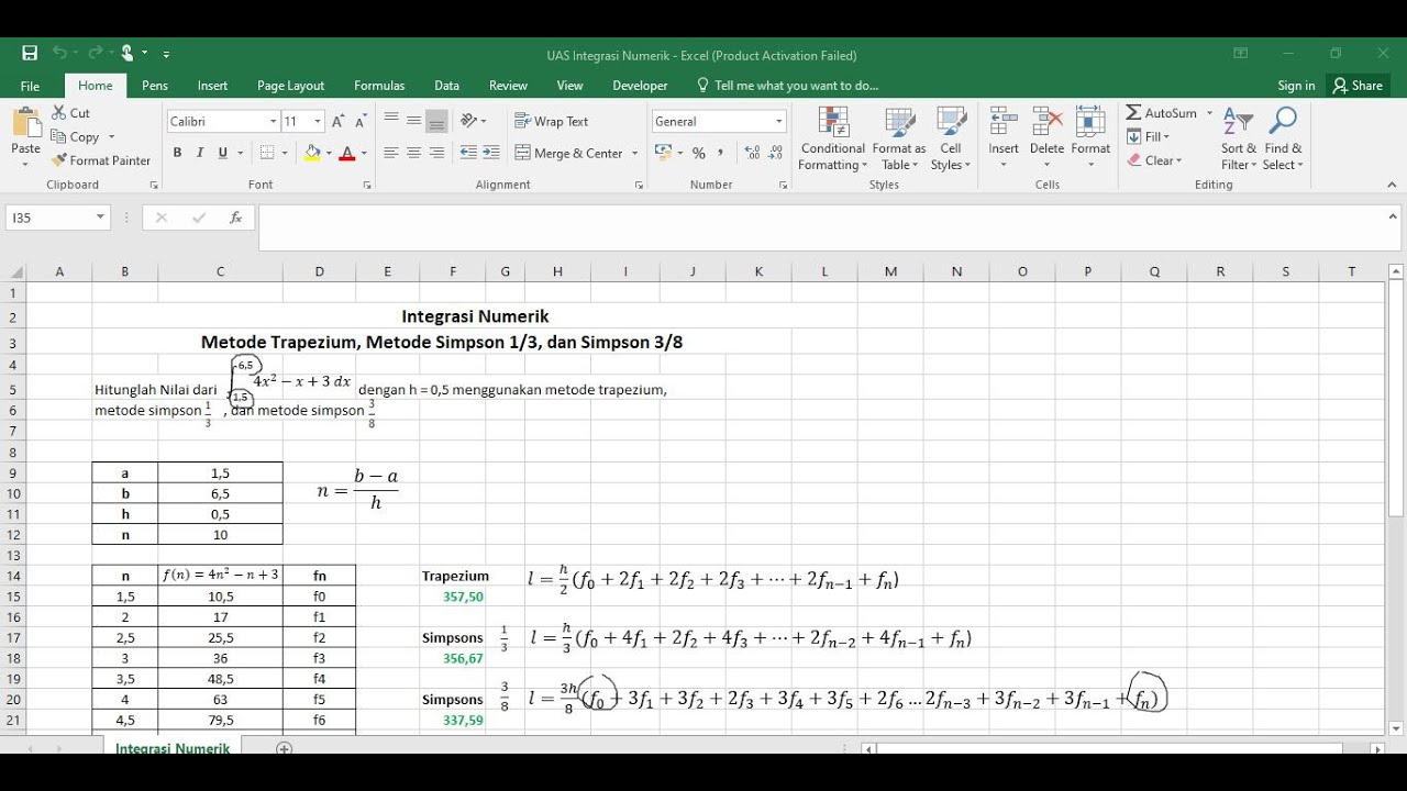 Tutorial Integrasi Numerik ms. excel | Metode Trapezium | Metode ...