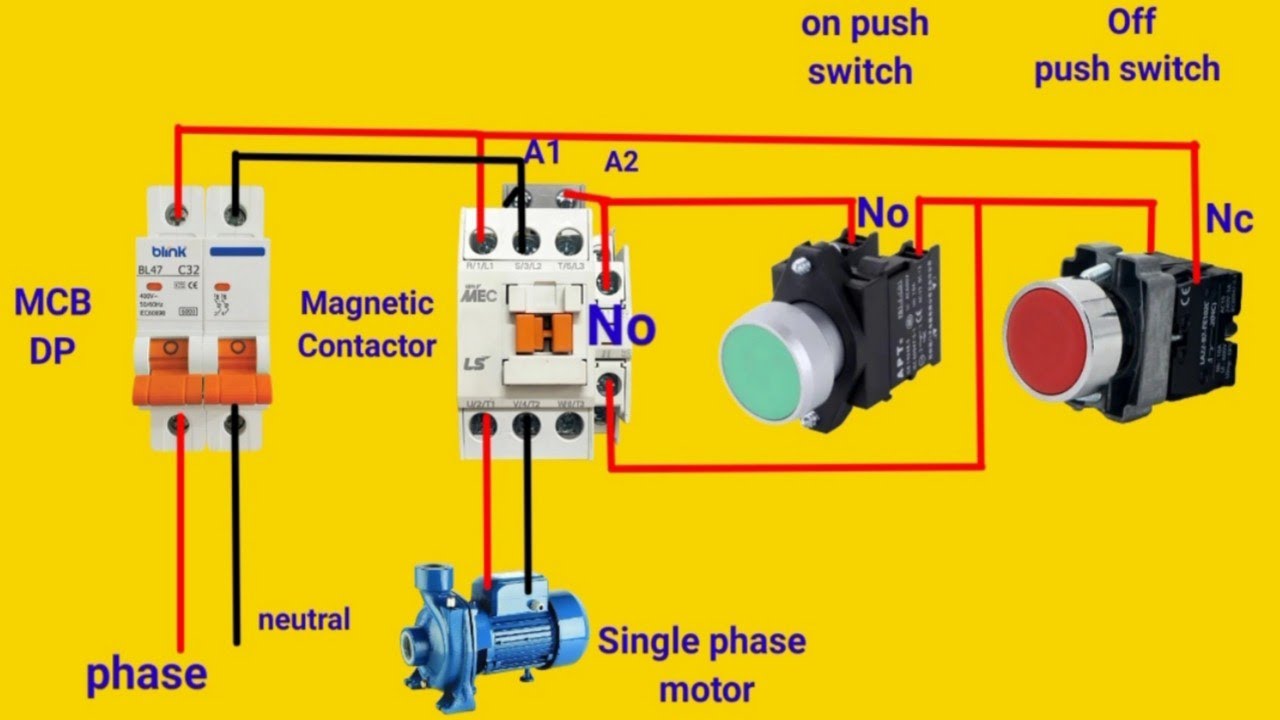 Single phase motor connection with magnetic contactor - YouTube